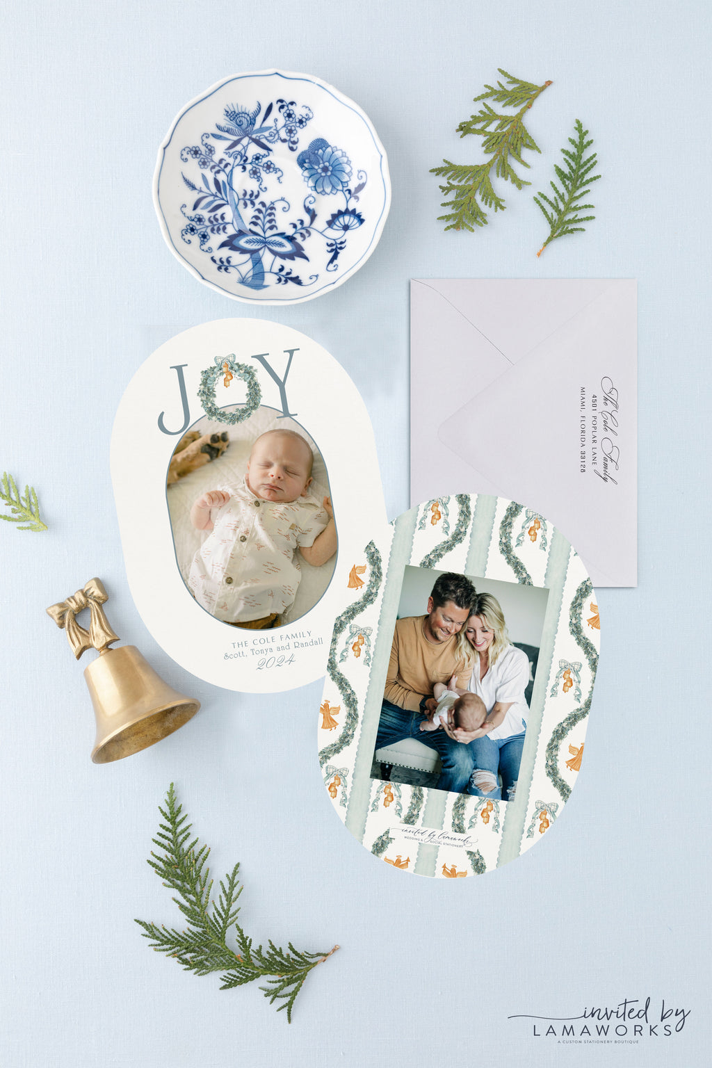 Dusty Blue Joy Oval Christmas Card – Invited by LamaWorks